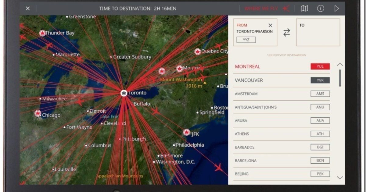 Air Canada adds a route network to the moving map AvGeek.travel
